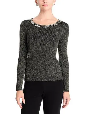 T Tahari Embellished Scoop Neck Sweater - Black/ Gold