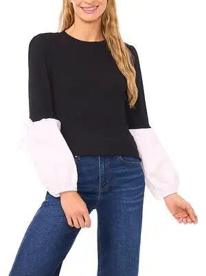 CECE DUPRAZ Mixed Media Balloon Sleeve Sweater Black/ White