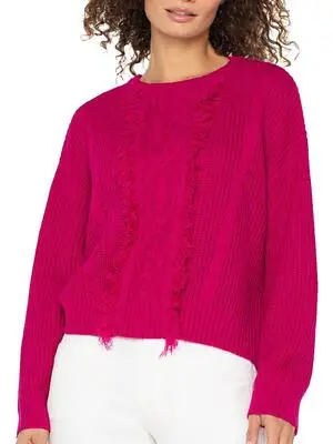 LIVERPOOL Cable Knit Sweater With Fringe Trim - Deep Raspberry Pink