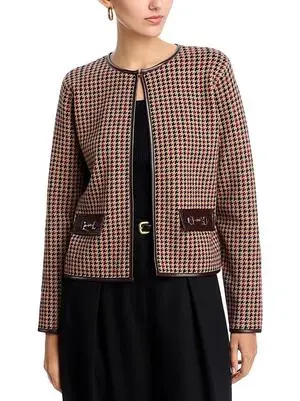 SIONI Houndstooth Cardigan With Faux Leather Trim - Multi