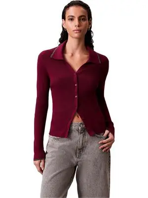 Calvin Klein Smooth Cotton Rib Tipped Polo Cardigan - Berry Glaze
