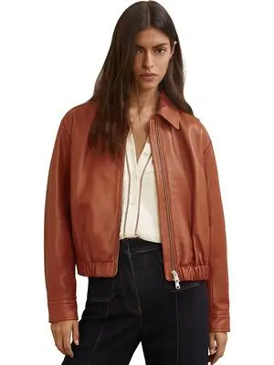 REISS Lottie Leather Cropped Bomber Jacket - Tan