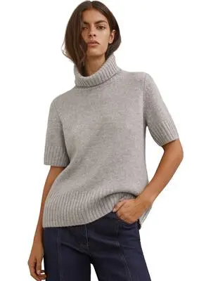 REISS Esme Cashmere Short-Sleeve Roll-Neck Jumper Grey Marl