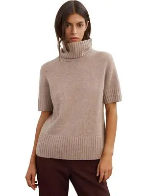 REISS Esme Cashmere Short-Sleeve Roll-Neck Jumper Oatmeal Neutral