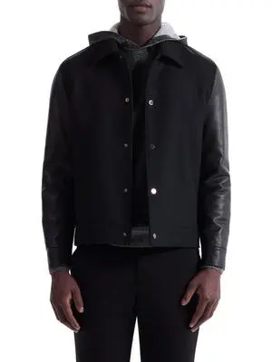 Bugatchi Leather-sleeve Tweed Bomber Jacket - Black