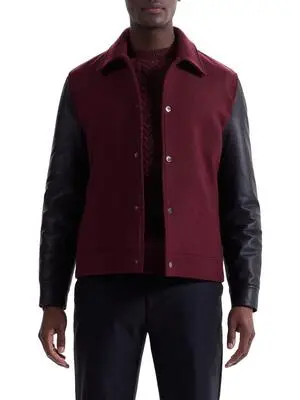 Bugatchi Leather-sleeve Tweed Bomber Jacket - Burgundy