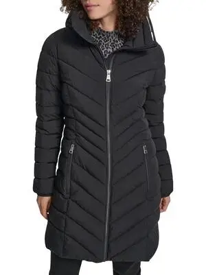 Dkny Hooded Chevron Puffer Jacket - Black