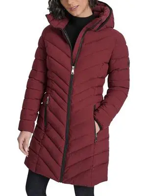 Dkny Hooded Chevron Puffer Jacket Bordeaux