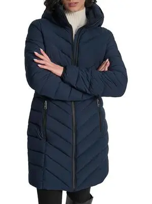 Dkny Hooded Chevron Puffer Jacket Dark Navy