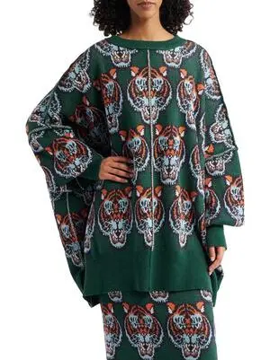 DRESSED IN LALA Intarsia Tiger Oversized Sweater - Green