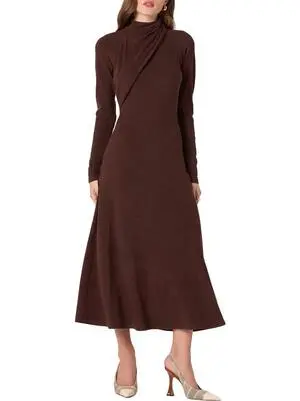 Astr The Label A-line Mock Neck Long Sleeve Dress - Brown