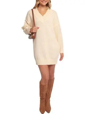 PETAL & PUP Sancia Long Sleeve Sweater Mini Dress - Cream