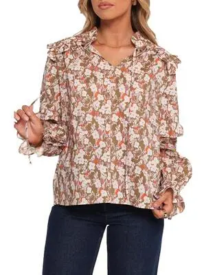PETAL & PUP Selmah Floral Cotton Top - Cream Olive Orange
