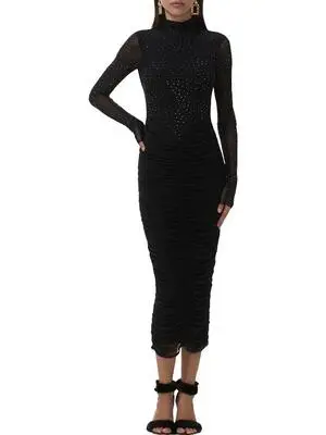 AFRM Cruz Rhinestone Long Sleeve Mesh Midi Dress - Noir