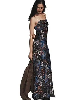 Farm Rio Square-neck Maxi Slip Dress - Snakes Bouquet Black