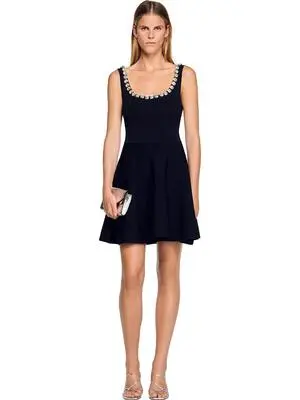 Sandro Mini Knit Dress With Rhinestone Neck - Black