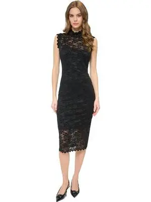 Central Park West Sleeveless Lace Turtleneck Midi Dress - Black