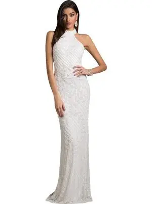 LARA NEW YORK Lattice-beaded Halter Neck Sheath Gown - Ivory