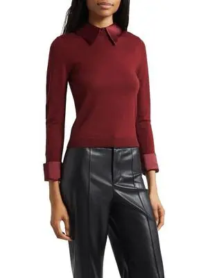 Alice + Olivia Porla Collared Mixed Media Silk Sweater - Oxblood