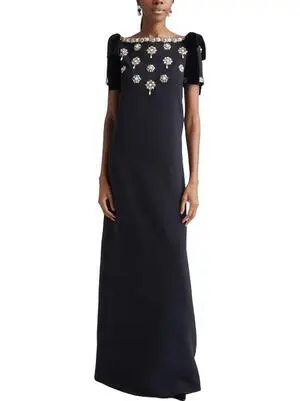 Carolina Herrera Embellished Bow Shoulder Column Gown - Black Multi