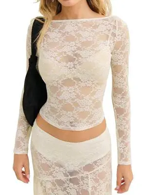 REFORMATION Adriano Sheer Floral Lace Top - Ivory Lace