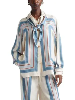 Zimmermann Relaxed Striped Silk Button-up Shirt With Removable Scarf - Ticking Stripe