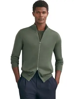 REISS Hampshire Merino Wool Zip-through Cardigan - Kale Green