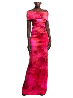 Rickie Freeman For Teri Jon Off The Shoulder Floral Gown - Fuschia Multi