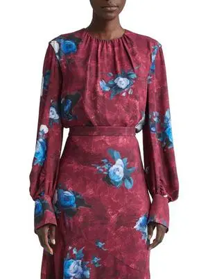 Erdem Abstract Rose Print Long Sleeve Top - Abstract Rose Mulberry Red