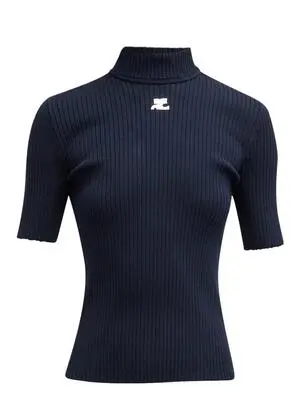 COURREGES Mock-Neck Ribbed Pullover Navy