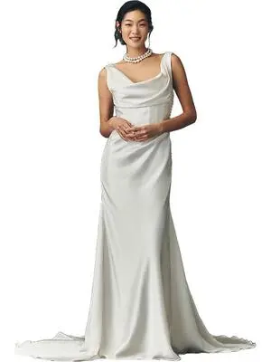 Watters Amaryliss Cowled Satin Column Wedding Gown - Ivory