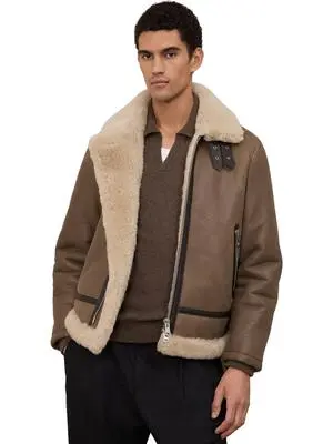 REISS Hardy Shearling-collar Leather Jacket - Light Brown
