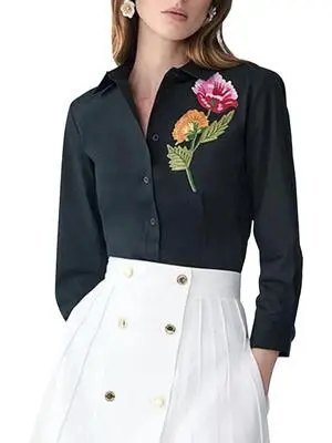Carolina Herrera Floral Embroidered Icon Button-down Shirt - Black Mult