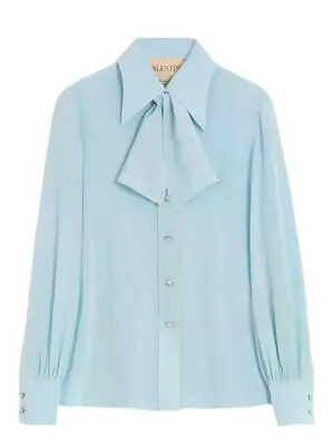 Valentino Garavani Crepe De Chine Scarf-Detail Shirt Blue