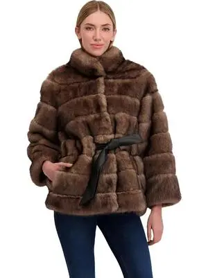 LYLA GRANT Faux Fur Sable Belted Jacket - Brown