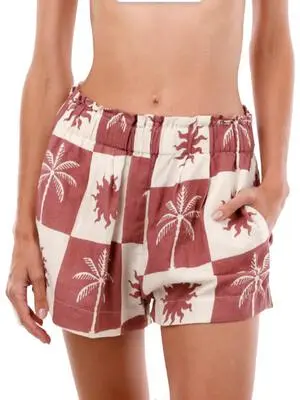 MALAI Sunrise Palm Vento Elastic-waist Short - Shimmer Ivory / Red