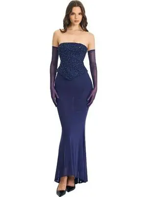MISS CIRCLE Beaded Peplum Mermaid Gown With Lace-up Back - Navy Blue