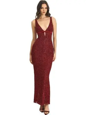 MISS CIRCLE Elora Sequin Beaded Maxi Dress - Crimson Red