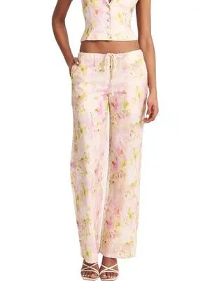 MISS CIRCLE Laureen Floral Linen Straight Pants - Pink Floral