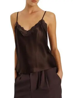 REFORMATION Lace Trim Silk Camisole - Black Bean