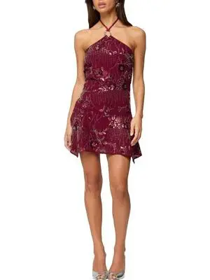 EDIKTED Beaded Sequin Halter Mini Dress - Burgundy