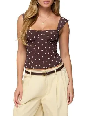 EDIKTED Marcella Polka Dot Corset Tank - Brown-and-cream