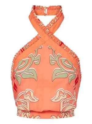 Poupette St Barth Suma Printed Cotton Crop Top - Orange