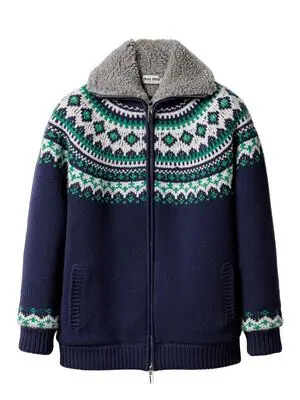 Miu Miu Wool And Fleece Cardigan With Zipper - Navy