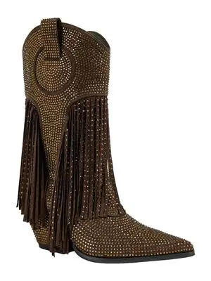 AZALEA WANG Greia Rhinestone Fringe Western Boots - Brown