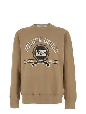 Golden Goose Crewneck Cotton Sweatshirt With Maxi Print - Beige