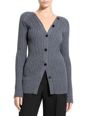 Theory Wool Long Sleeve Open Back Cardigan - Dark Grey Melange