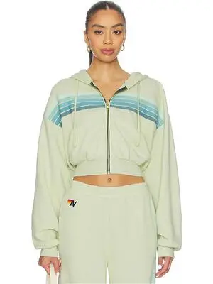 Aviator Nation 5 Stripe Cropped Zip Hoodie - Lime Cream & Seafoam