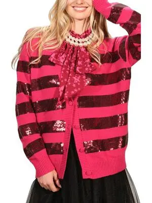 ISAAC MIZRAHI NEW YORK Stripe Sequin Cardigan - Cabaret/burgundy