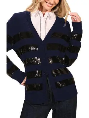 ISAAC MIZRAHI NEW YORK Stripe Sequin Cardigan - Navy/black